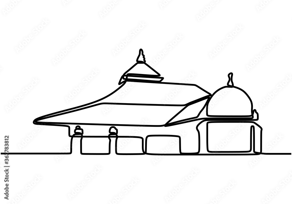 traditional Mosque hand drawn vector outline, sketch. One, continuous ...