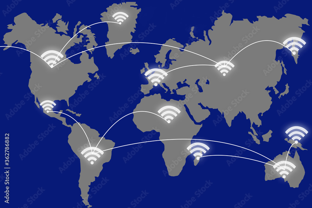 WiFi logos over different continents. Concept - internet access in ...