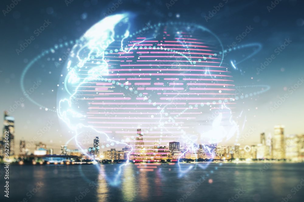 Double exposure of abstract digital world map hologram with connections ...
