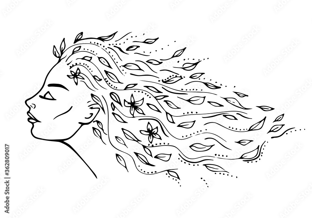 Magical profile face girl with long hair with flowers and leaves ...