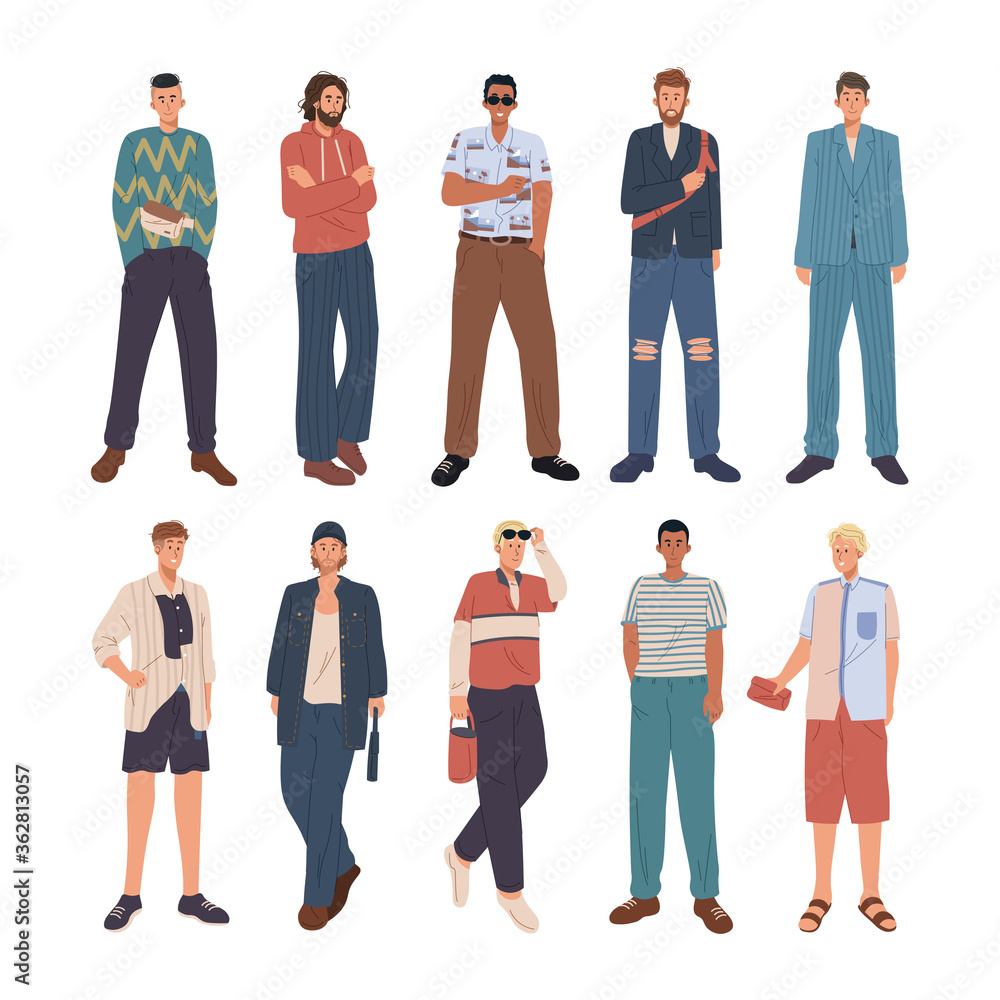 Collection of men dressed in trendy clothes isolated on white ...