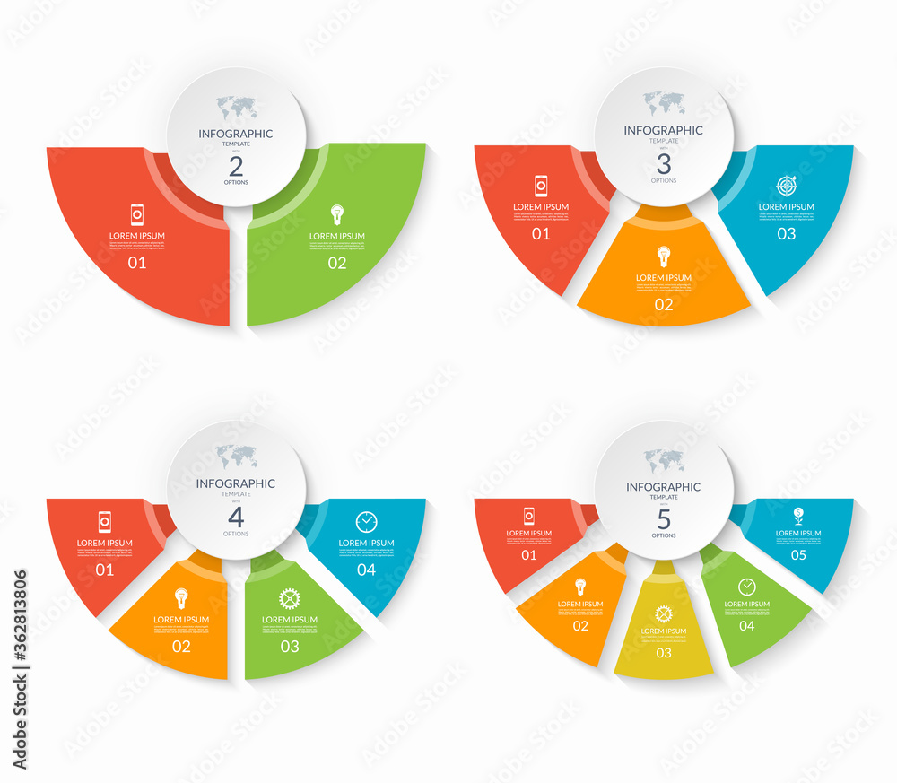 Set of infographic semicircle templates with 2, 3, 4, 5 options. Can be ...