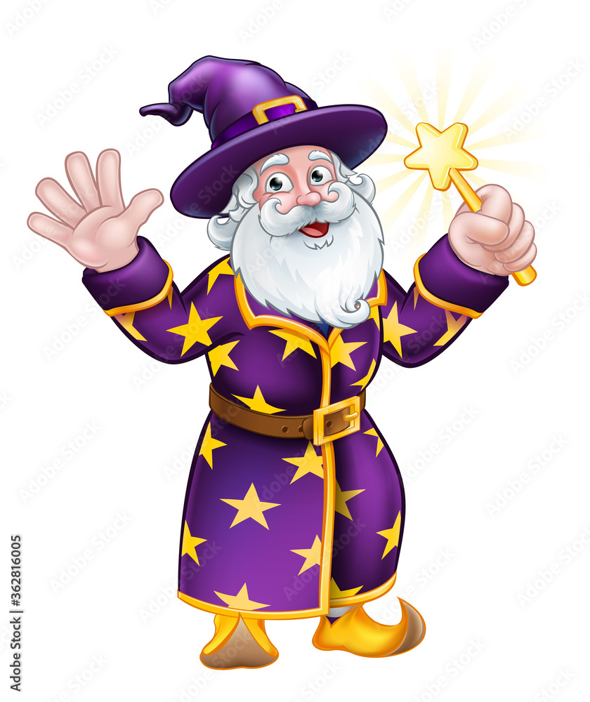 A wizard merlin magician Halloween cartoon character with magic wand ...