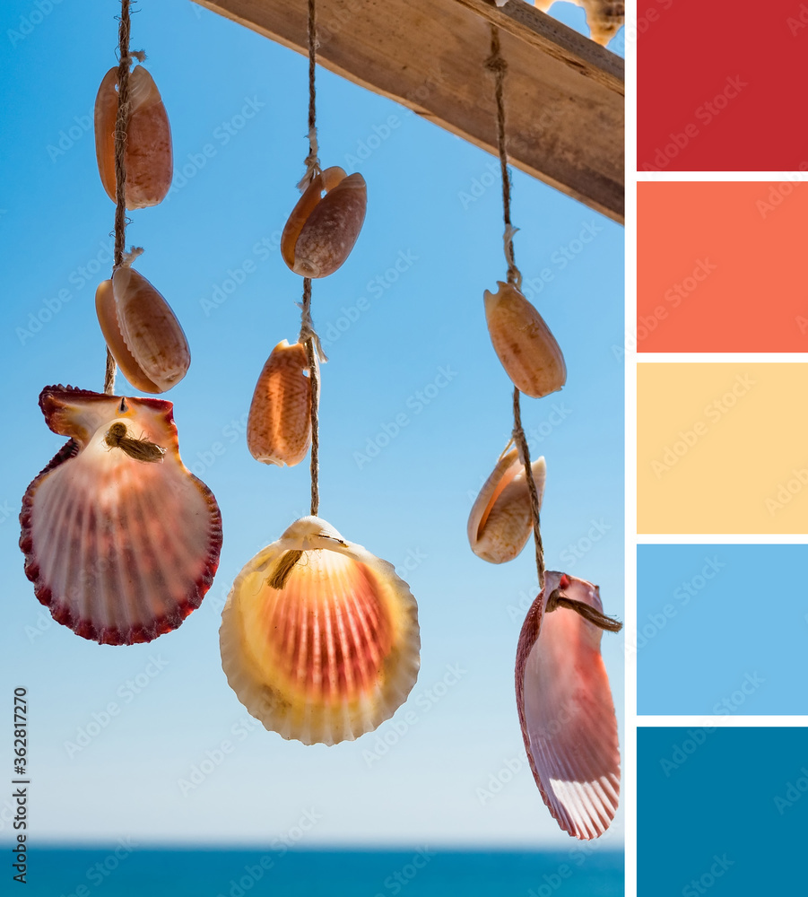 Bright coral red orange yellow tones of seashells decoration, hanging ...
