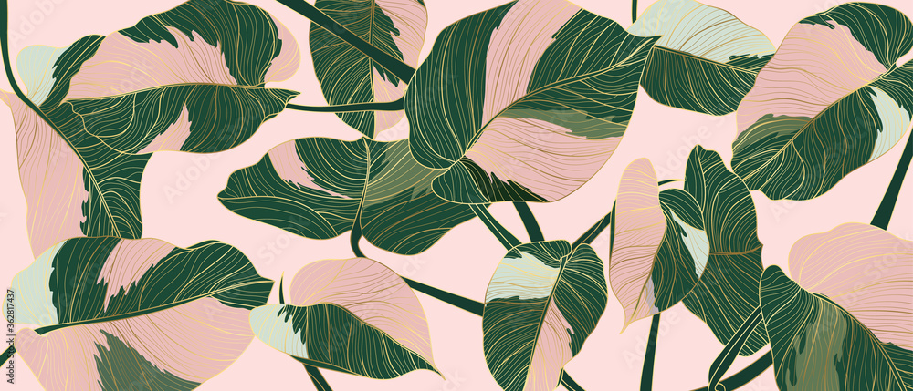 Luxury gold line art and Variegated Plants nature drawing background ...