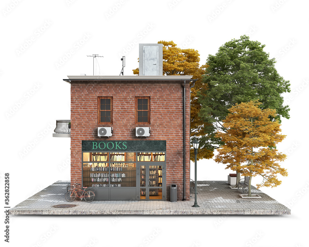 Small red brick building with book store on a first floor and alley ...