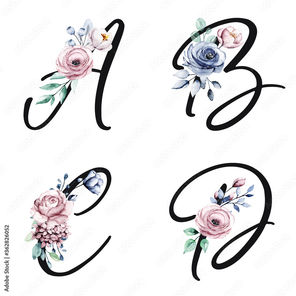 Alphabet, letters with watercolor flowers and leaf hand painting ...
