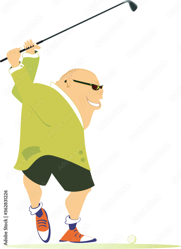 Comic golfer man on the golf course illustration. Cartoon smiling fat ...