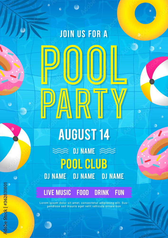 Pool party invitation vector illustration. Top view of swimming pool ...