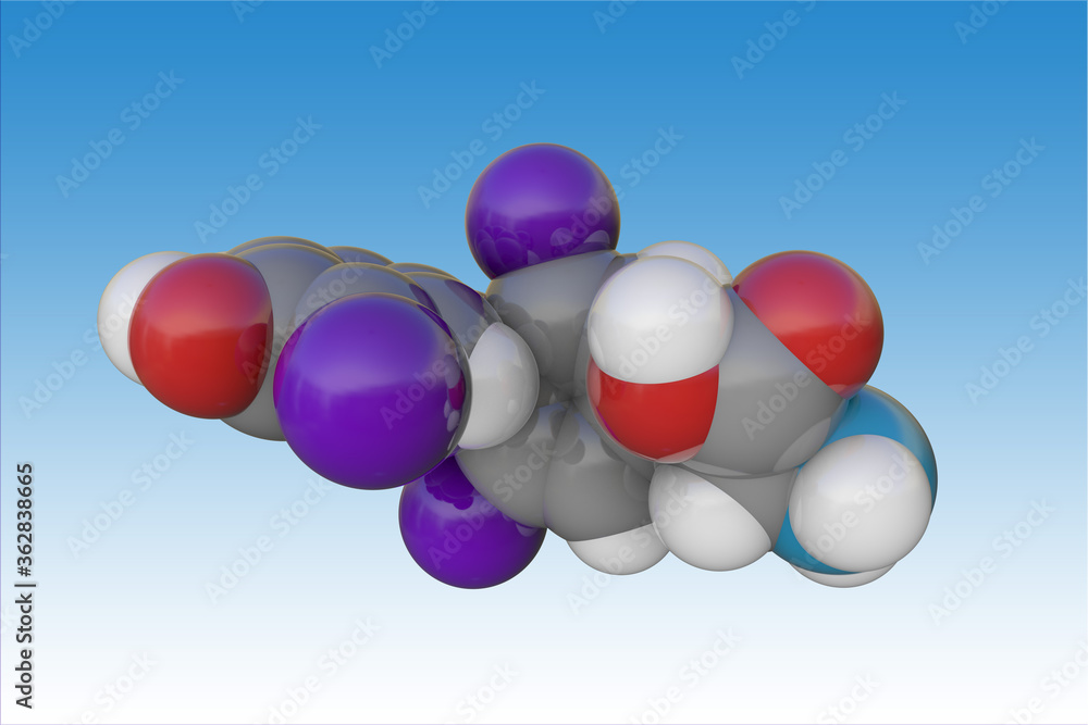 Molecular structure of detrothyronine (T3). Atoms are represented as ...