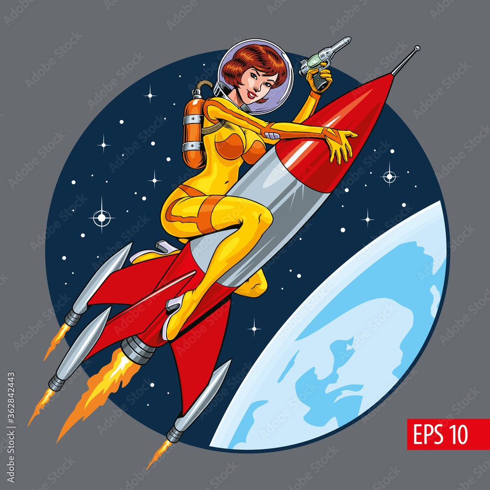 Attractive astronaut woman riding a rocket or missile. Vintage sci-fi ...