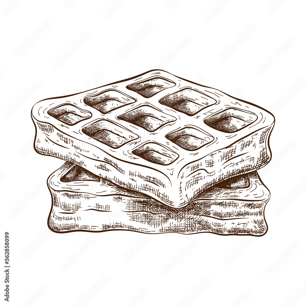 Hand drawn cute waffle isolated on white. vector sketch of stack of ...