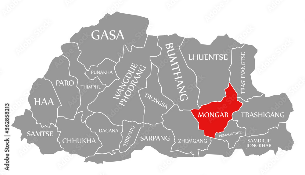 Mongar red highlighted in map of Bhutan Stock Illustration | Adobe Stock