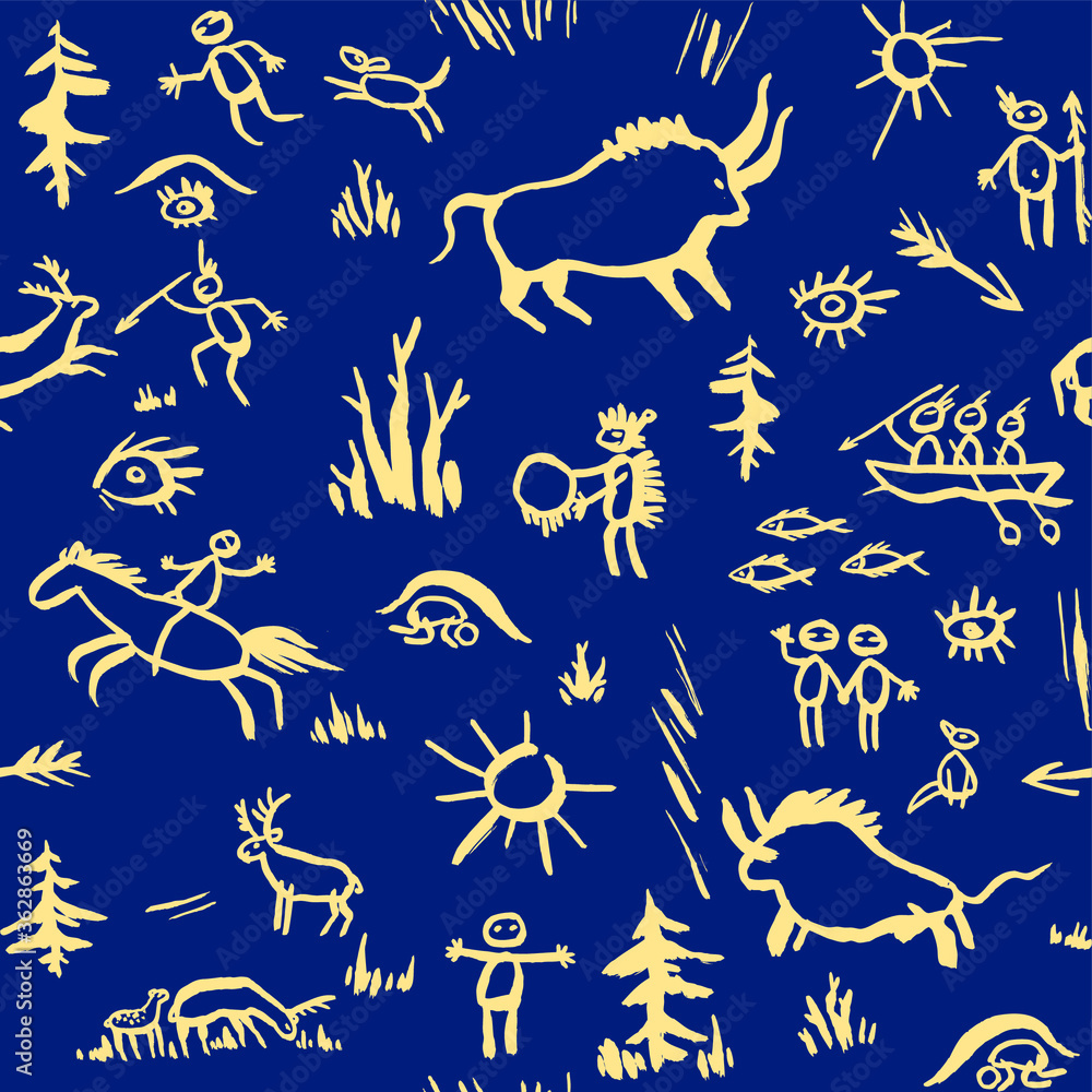 Vector seamless pattern with primitive pictures in paleolithic ...
