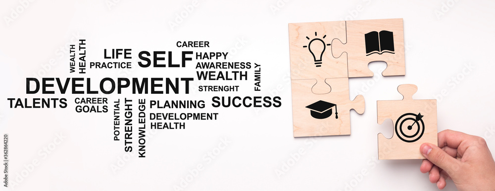Hand Putting Puzzle Next To Self-Development Wordcloud, White ...