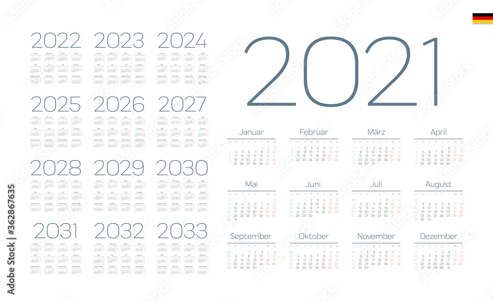 German Calendar for 2021-2033. Week starts on Monday Stock Vector ...