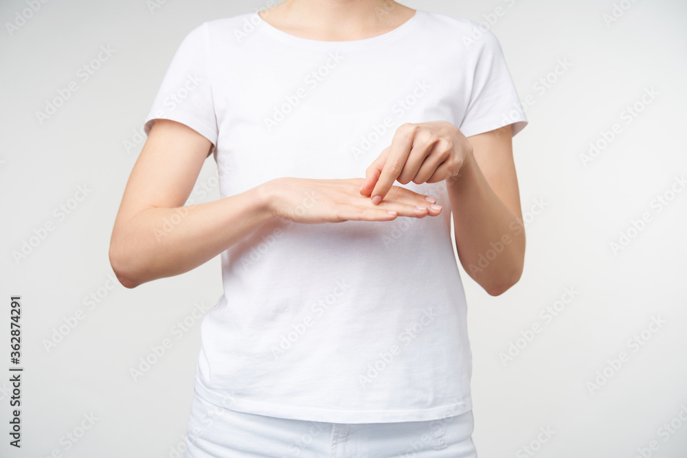 Cropped shot of female's hands showing word wife and husband using sig ...