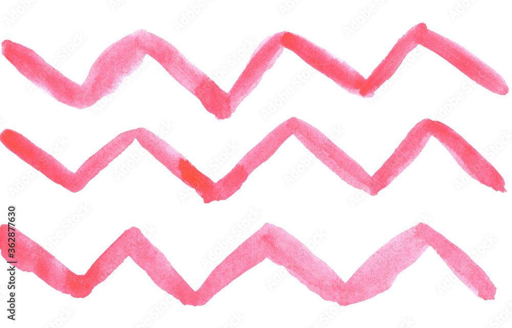 red zig zag watercolor lines drawn by hand on white background light ...