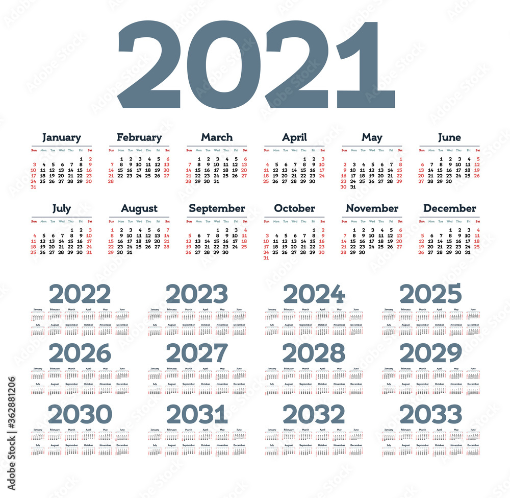 English calendar for years 2021-2033, week starts on Sunday Stock ...