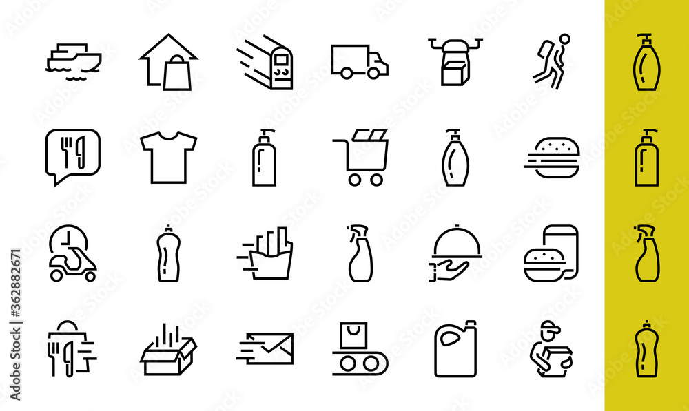 PIZZA DELIVERY, and Food Icon Set Vector thin line, contains courier ...