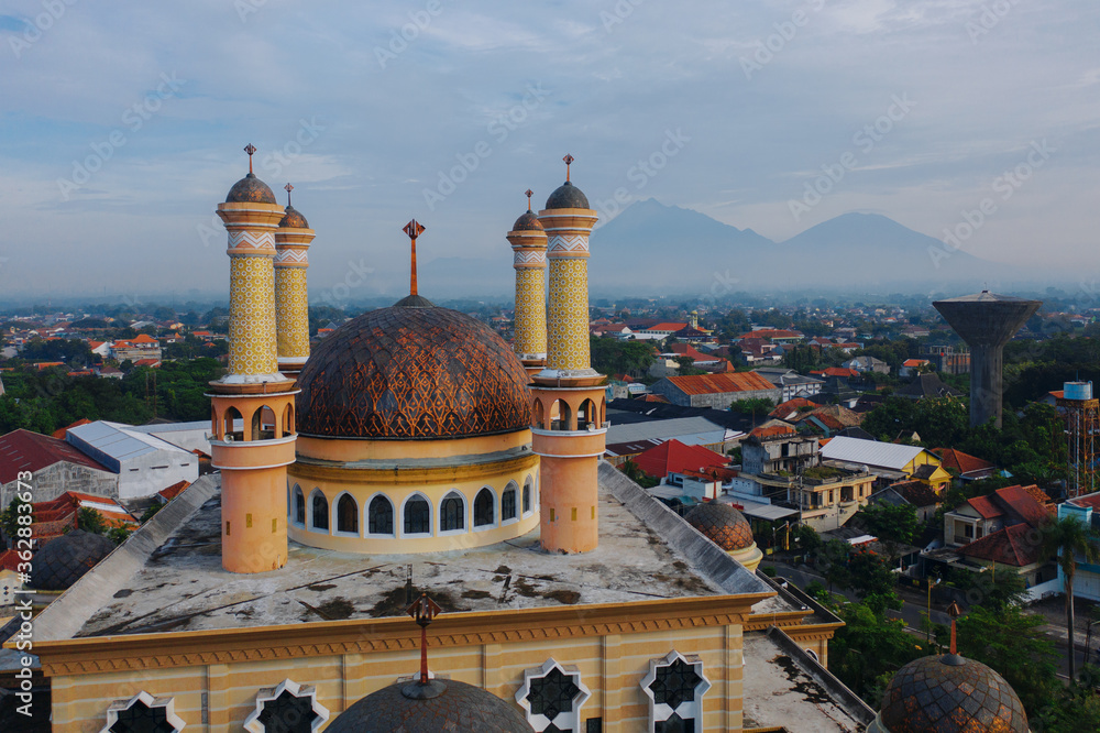 The splendor of the Al-Aqsa Mosque in the morning with the Mount Merapi ...