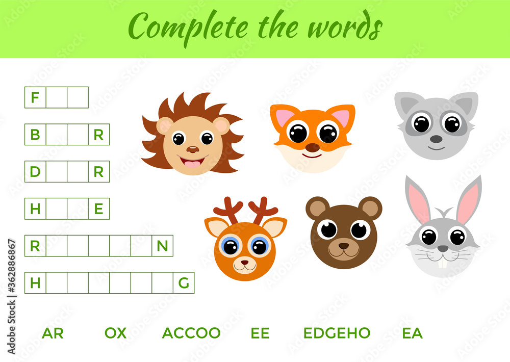 Matching educational game for children with cute animals. Write missing ...