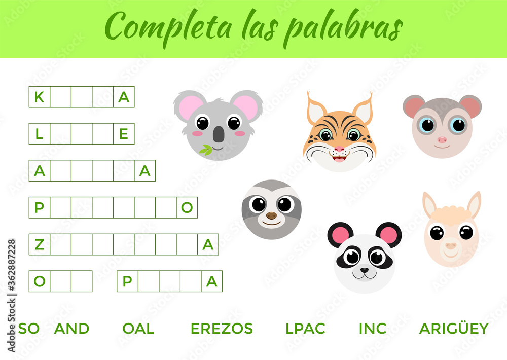 Vecteur Stock Completa las palabras - Complete the words, write missing ...
