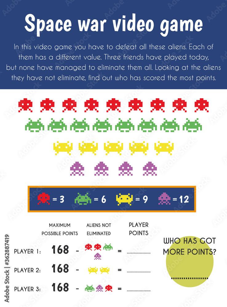 Space war videogame Educational Sheet. Primary module for Numerical ...
