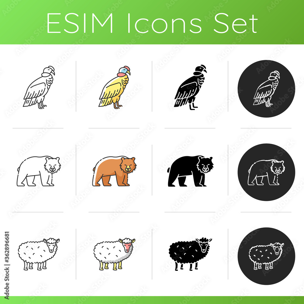 Animal species icons set. Linear, black and RGB color styles. Brown ...
