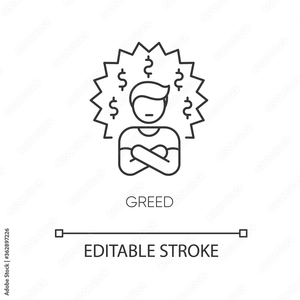 Greed pixel perfect linear icon. Bad personal trait, negative quality ...