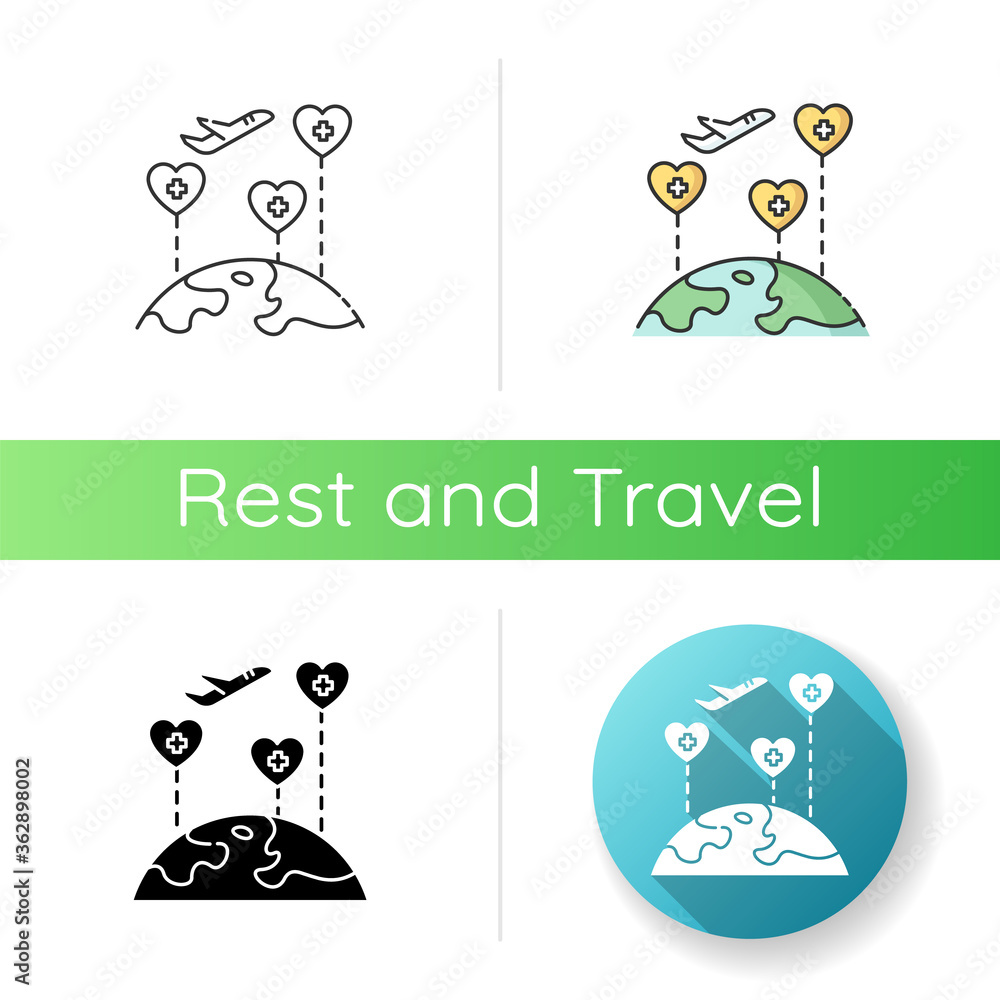 Medical tourism icon. Linear black and RGB color styles. International ...