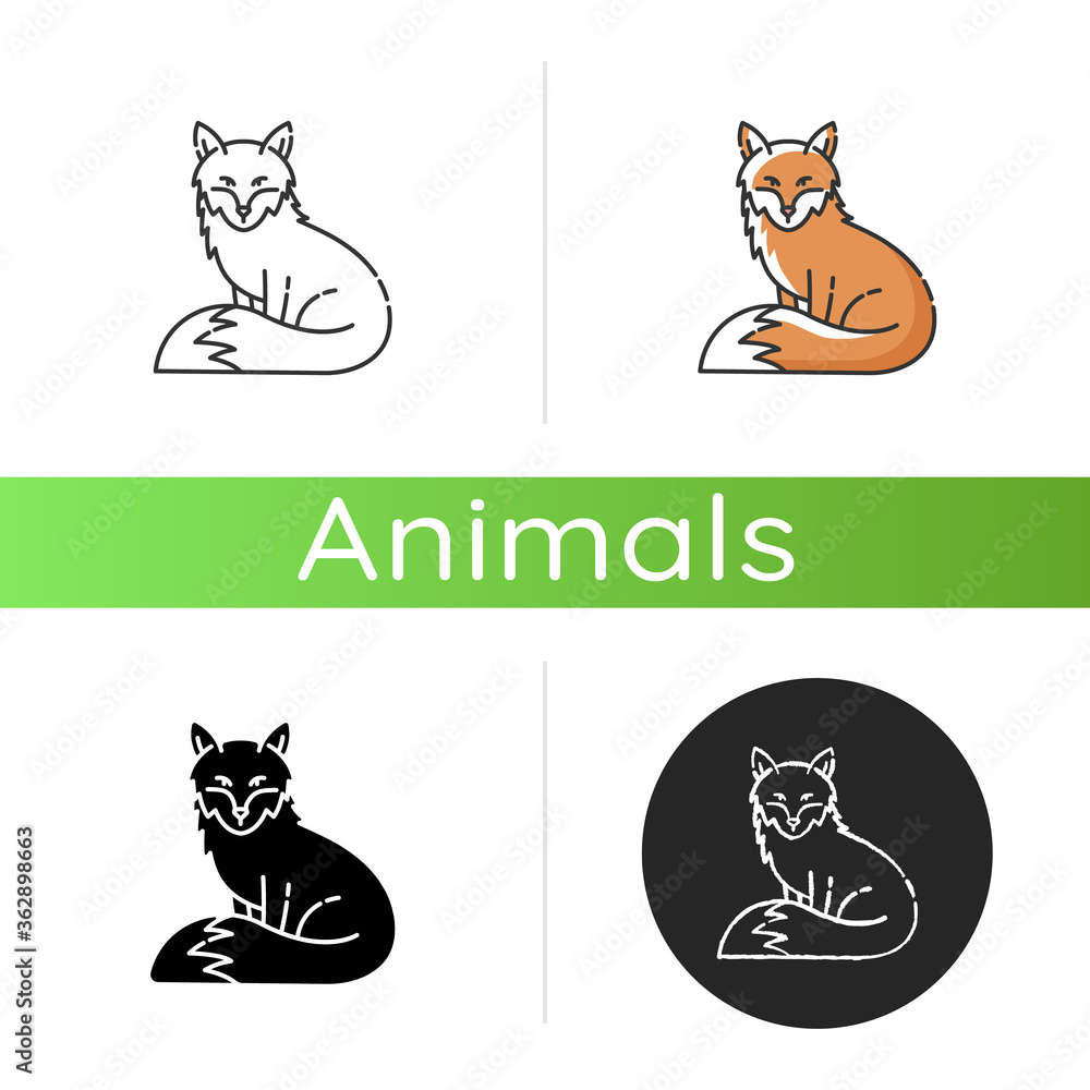 Fox icon. Linear black and RGB color styles. Cute animal with furry ...