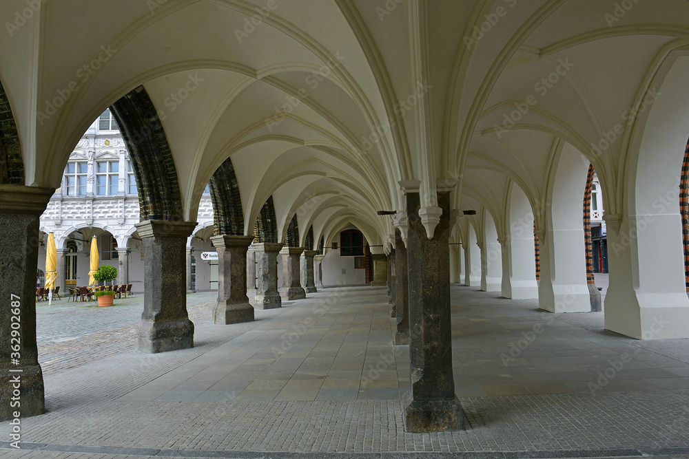Luebeck, Germany, (German: Lübeck). Luebeck Town Hall Arcade in the old ...