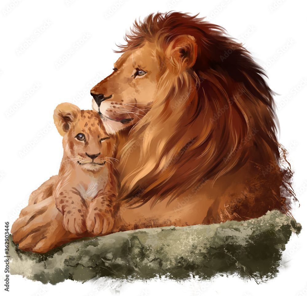 Poster Dad lion and a little lion cub. Watercolor drawing – Wall Art ...
