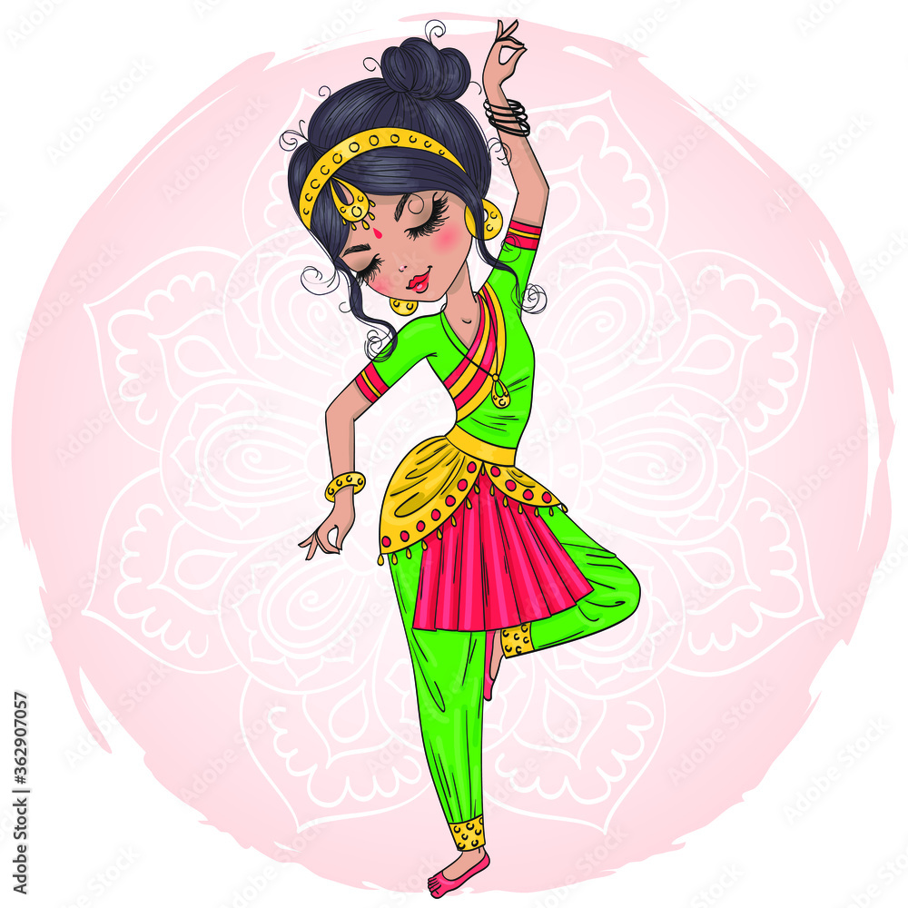 Hand Drawn Beautiful Cute Girl Dancing Indian Classical Dance Vector