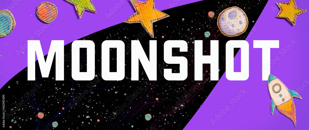 Moonshot theme with space background with a rocket, moon, stars and ...