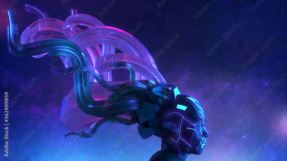 Futuristic neon glowing female AI head with open eyes and extraordinary ...