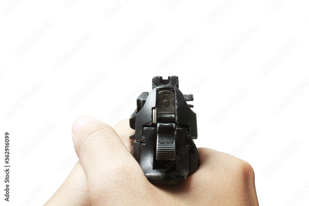 Pistol handgun weapon in hand in first person view isolated on white ...