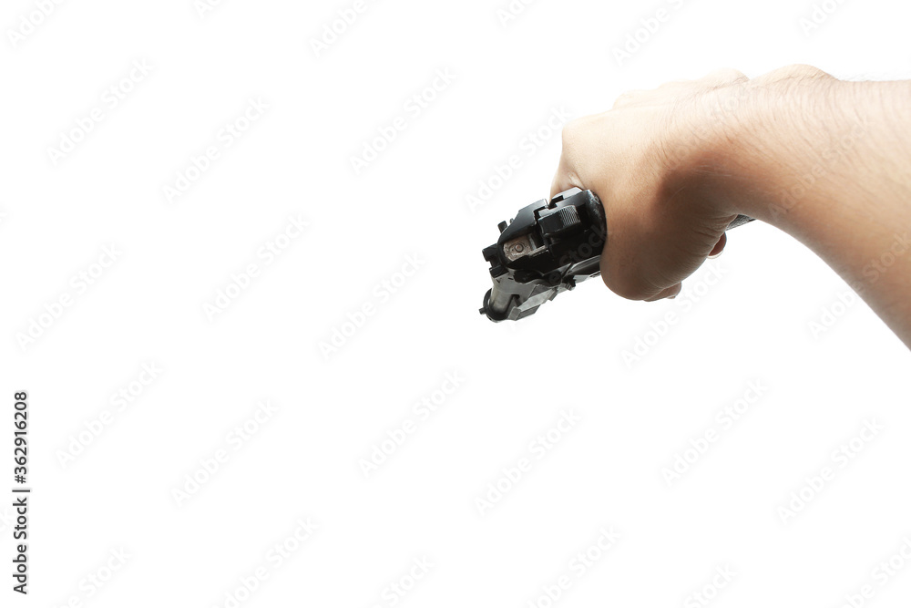 Pistol handgun weapon in hand in first person view isolated on white ...