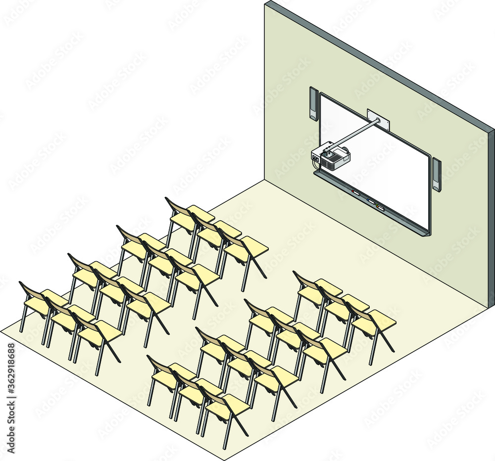 Room setup for a presentation, lecture or seminar. With a wall-mounted ...