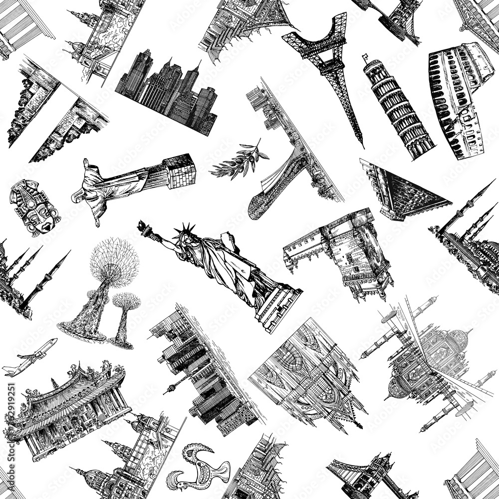 Seamless pattern of hand drawn sketch style landmarks from around the ...