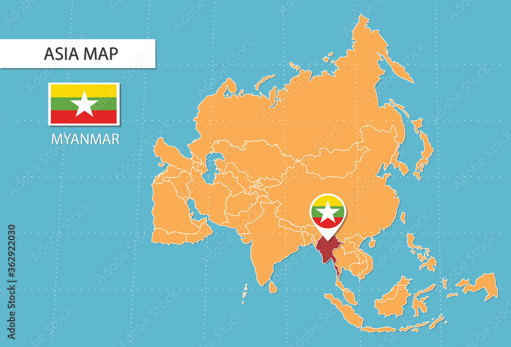 Myanmar map in Asia, icons showing Myanmar location and flags. Stock ...