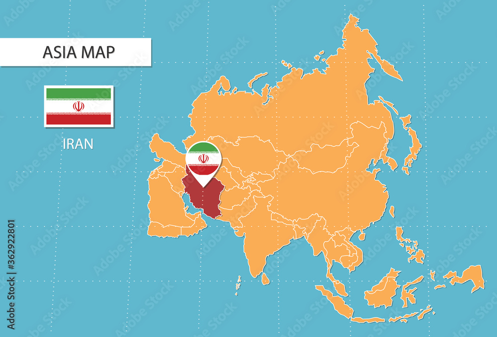 Iran map in Asia, icons showing Iran location and flags. Stock Vector ...