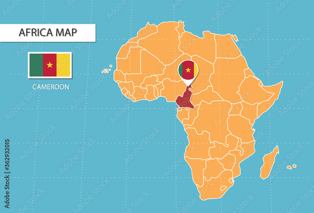 Cameroon map in Africa, icons showing Cameroon location and flags ...