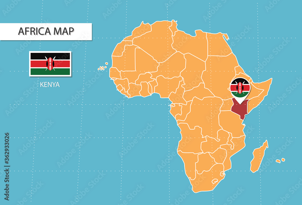 Kenya map in Africa, icons showing Kenya location and flags. Stock ...