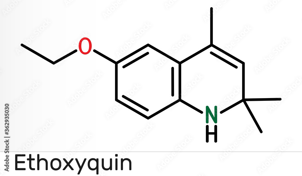 Ethoxyquin, EMQ, antioxidant E324 molecule. It is a quinoline used as a ...