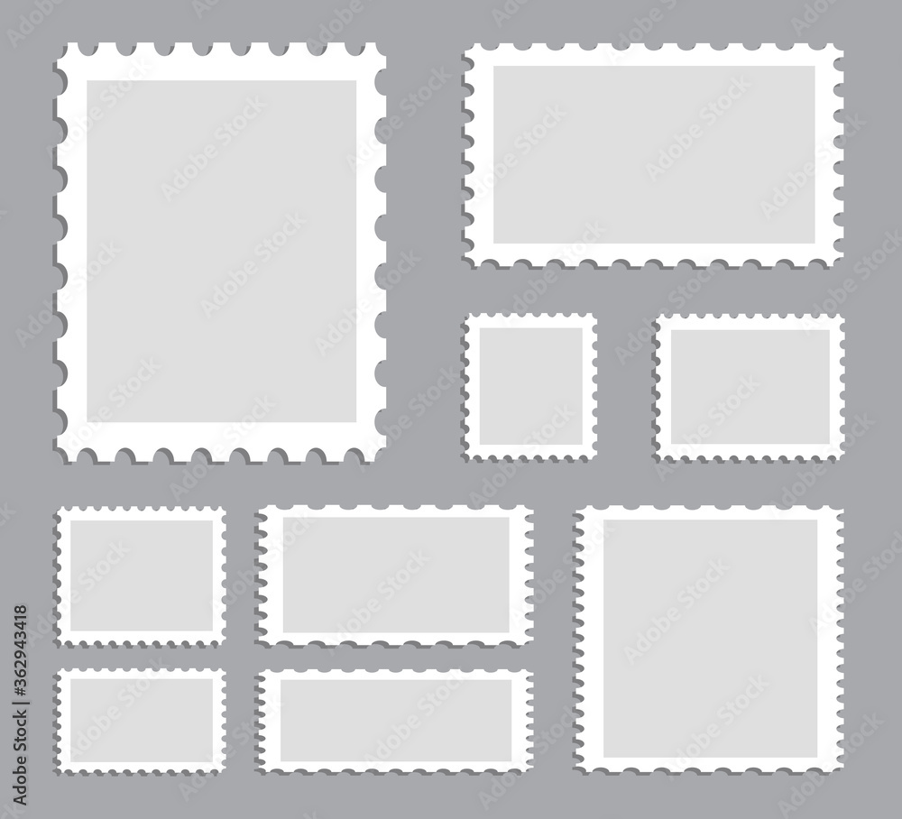 Blank postage stamps set isolated on gray background. Collection of ...