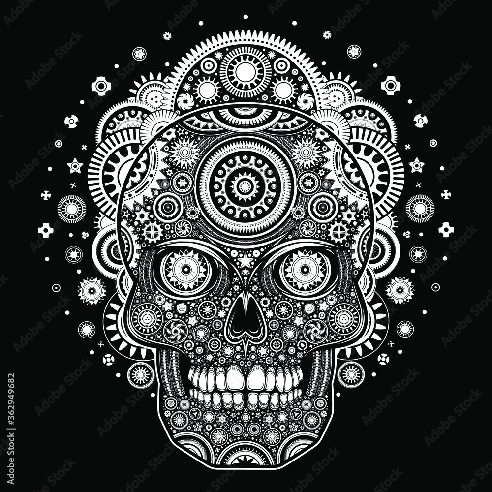 Vector Black and White Cyborg Skull Illustration Stock Vector | Adobe Stock