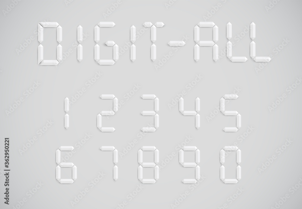 White realistic digital font set with shadows, vector illustration ...