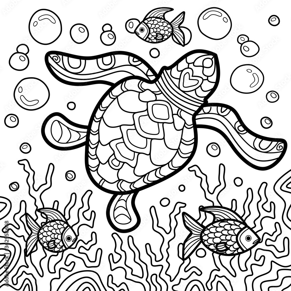 Coloring page, turtle with fish and corals. Stock Illustration | Adobe ...